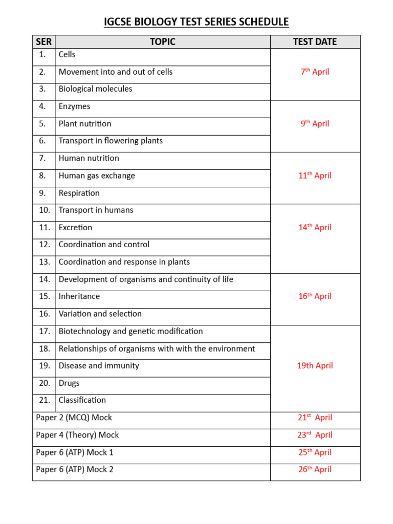 Igcse Biology Test Schedule | PDF