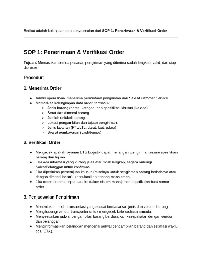 SOP Divisi Operasional | PDF