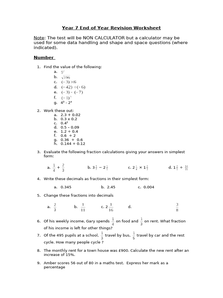 Year 7 Test 5 End of Year Revision Sheet | PDF | Area | Mathematics