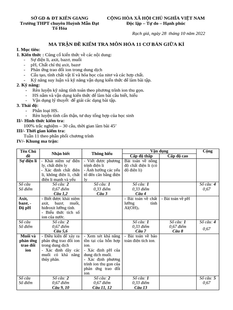 Ma Tran Giua Ki 11cb Hk1 | PDF