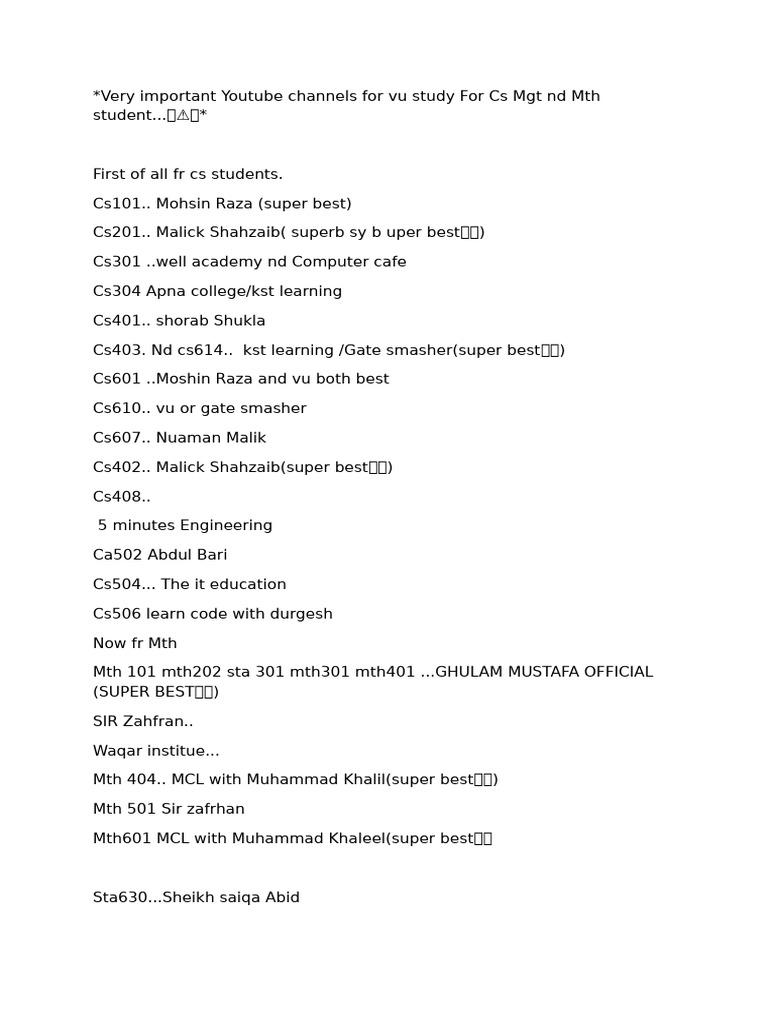Essential YouTube Channels for VU Students | PDF