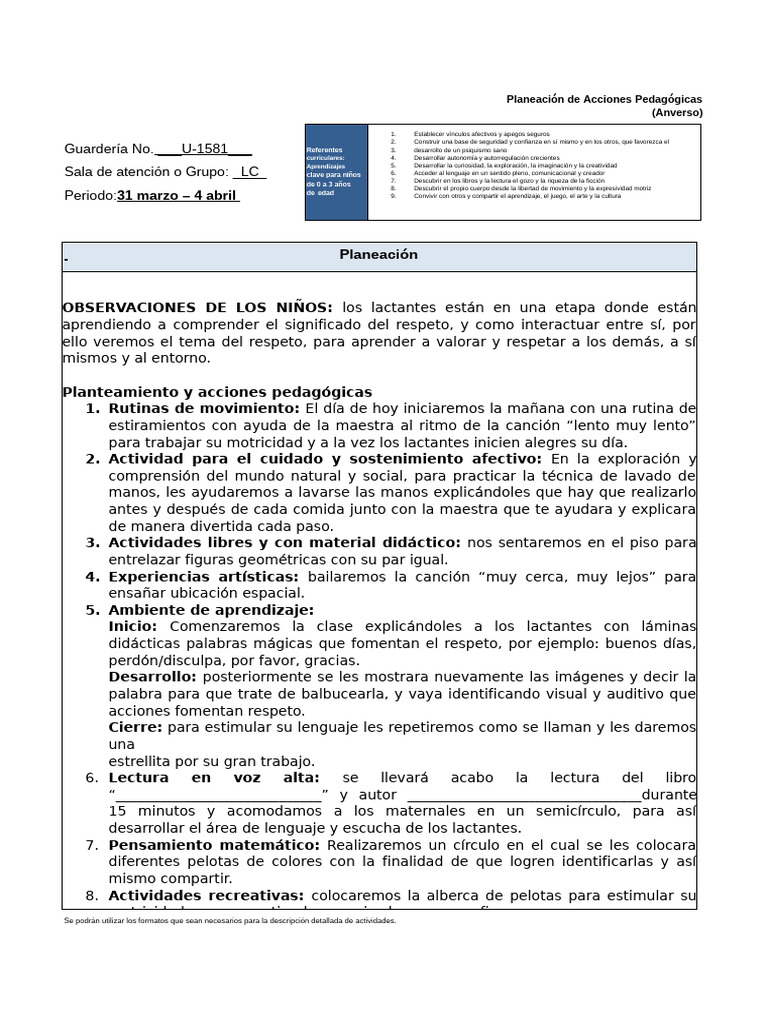 Planeación Pedagógica IMSS para Lactantes | PDF | Aprendizaje | Creatividad