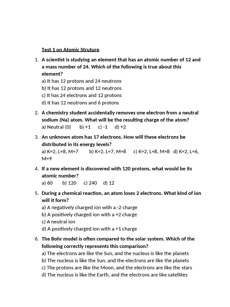 Atomic Structure Test Questions | PDF | Atoms | Proton