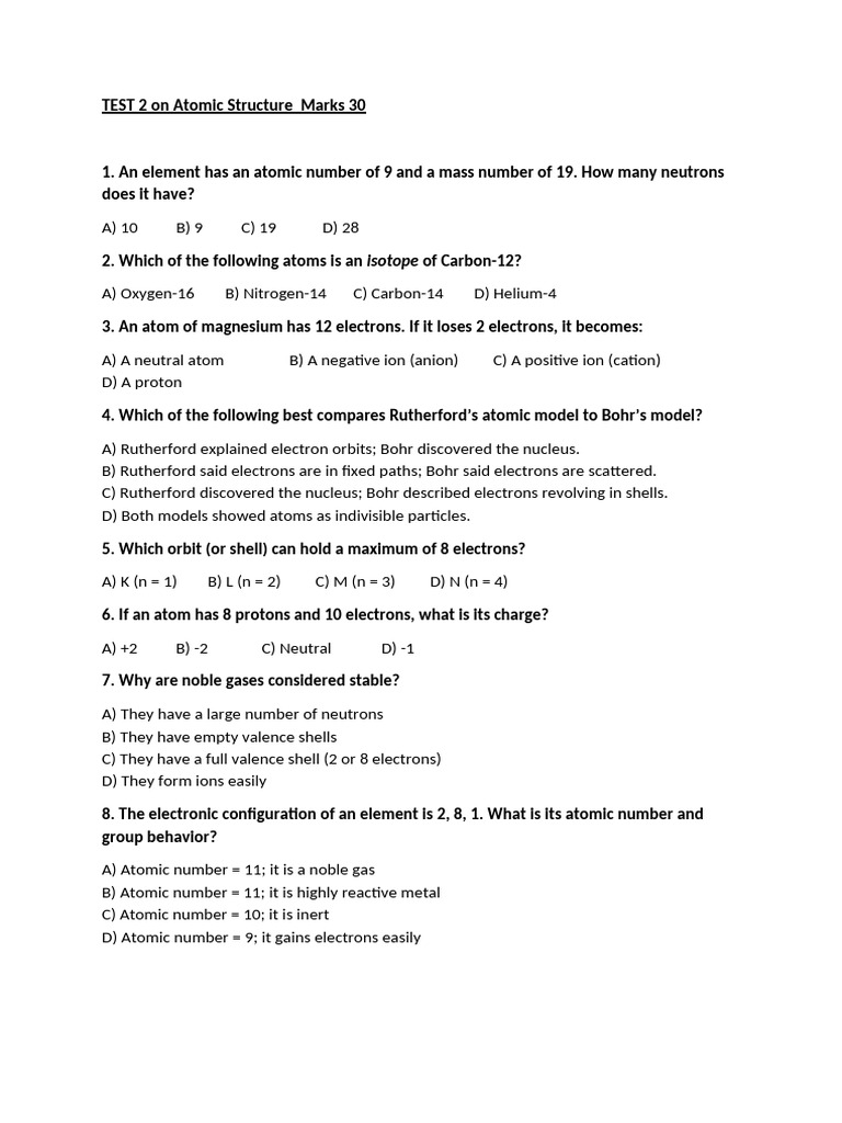 Test 2 On Atomic Structures | PDF | Atoms | Ion