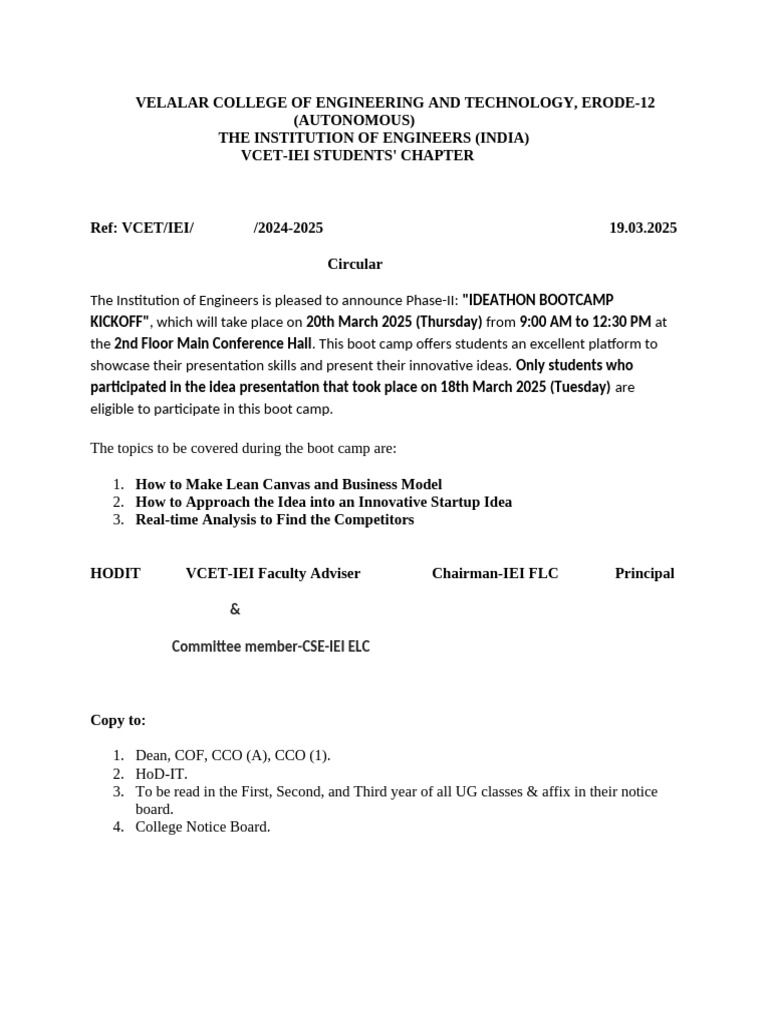 VCET Ideathon Bootcamp Announcement | PDF