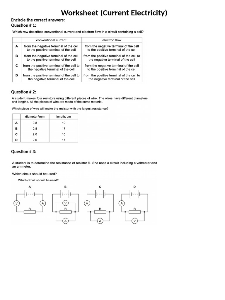 Current Electricity Worksheet | PDF