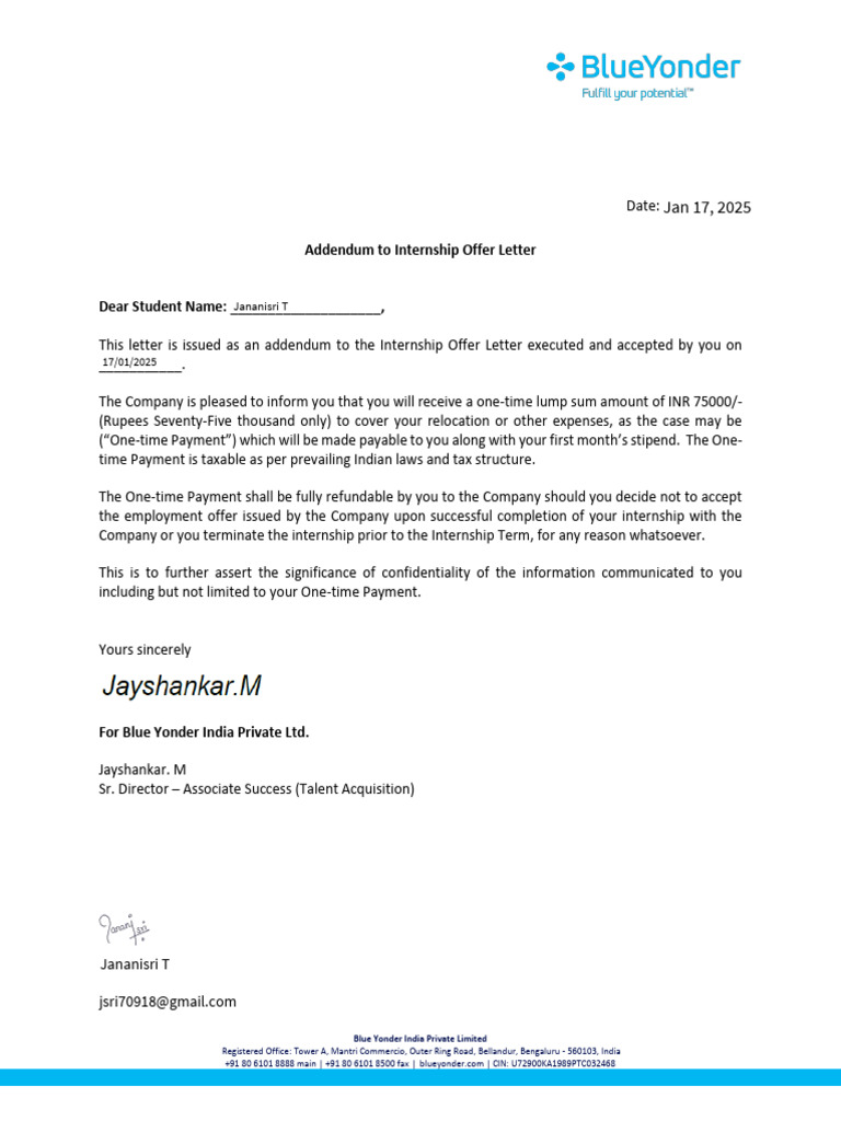Addendum To Intern Offer Letter - 2025 - Encrypted | PDF