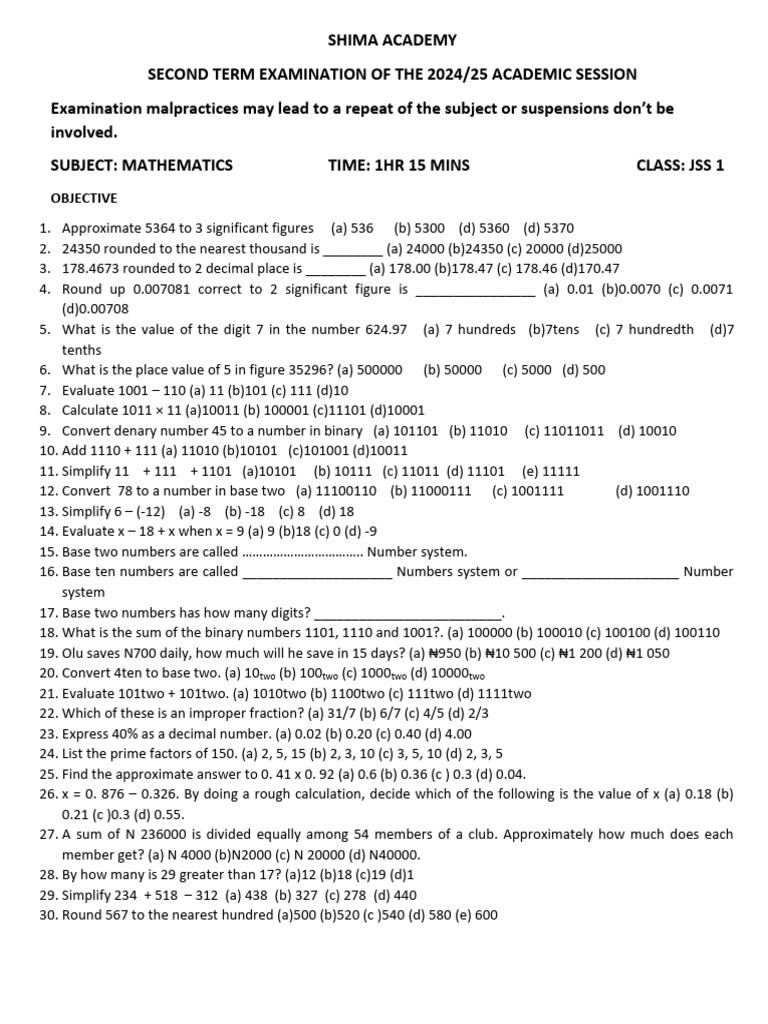 JSS1 Mathematics Question-1 | PDF | Decimal | Significant Figures