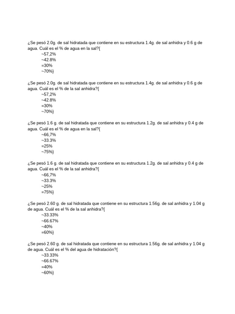 Porcentaje de Agua y Sal Anhidra en Sales | PDF