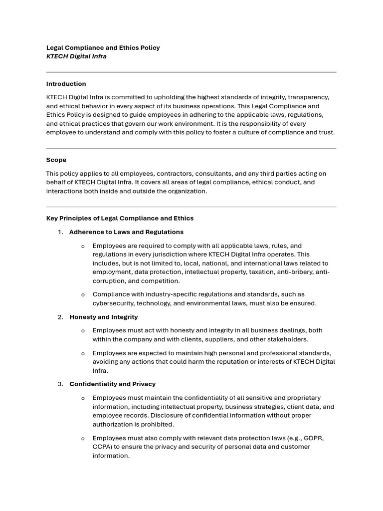 KTECH Digital Infra: Legal Compliance and Ethics Policy | PDF | Regulatory Compliance ...