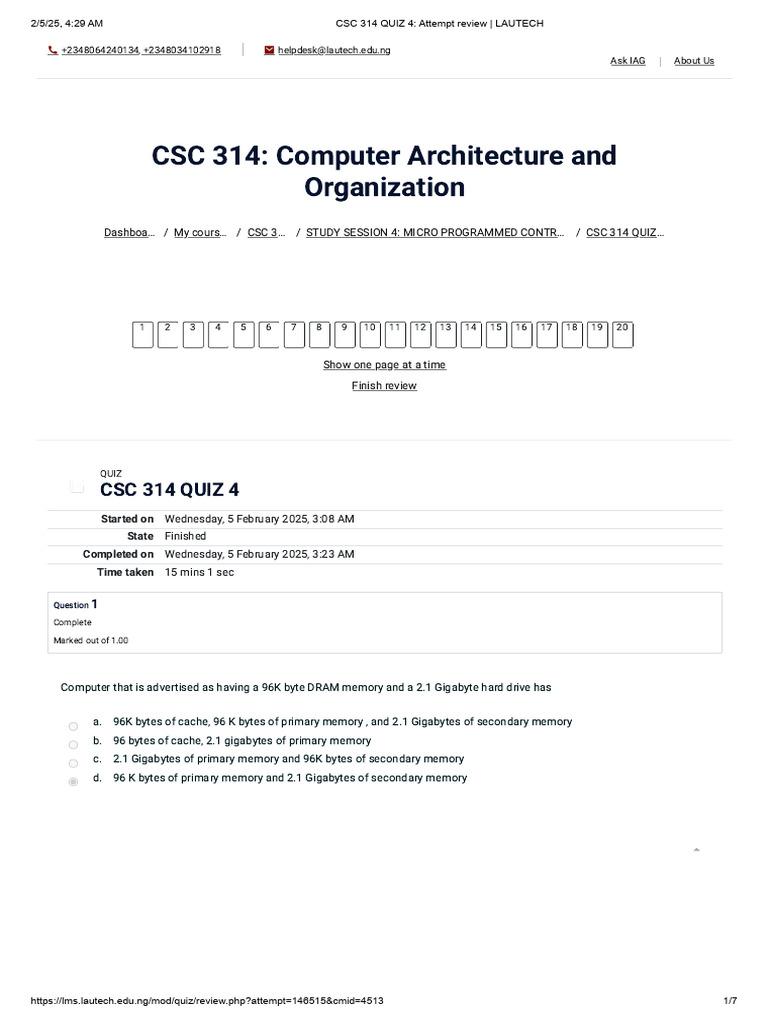 CSC 314 Quiz 4 - Attempt Review - Lautech | PDF | Random Access Memory ...