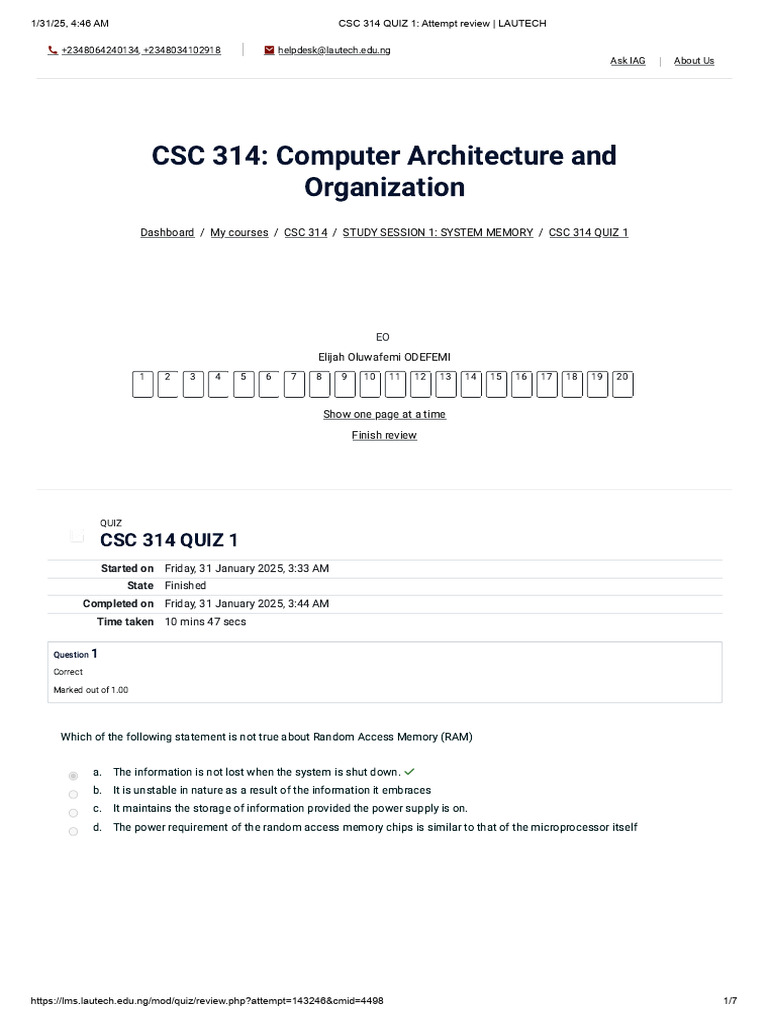 CSC 314 Quiz 1 - Attempt Review - Lautech | PDF | Computer Data Storage | Read Only Memory