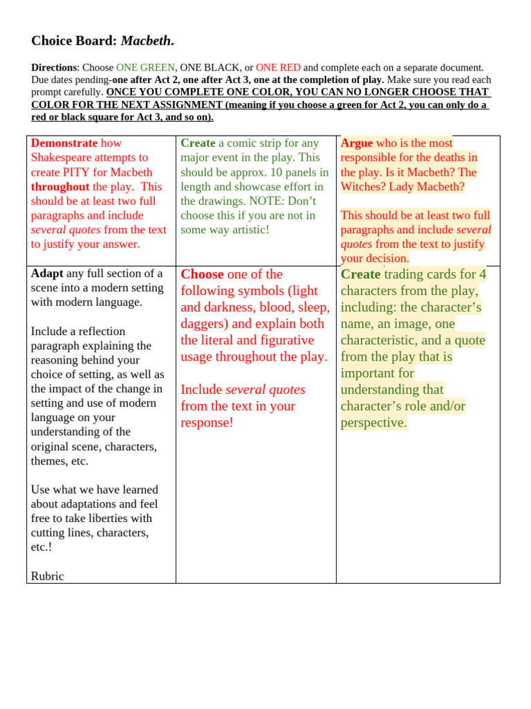 Macbeth Choice Board Assignments | PDF | Macbeth