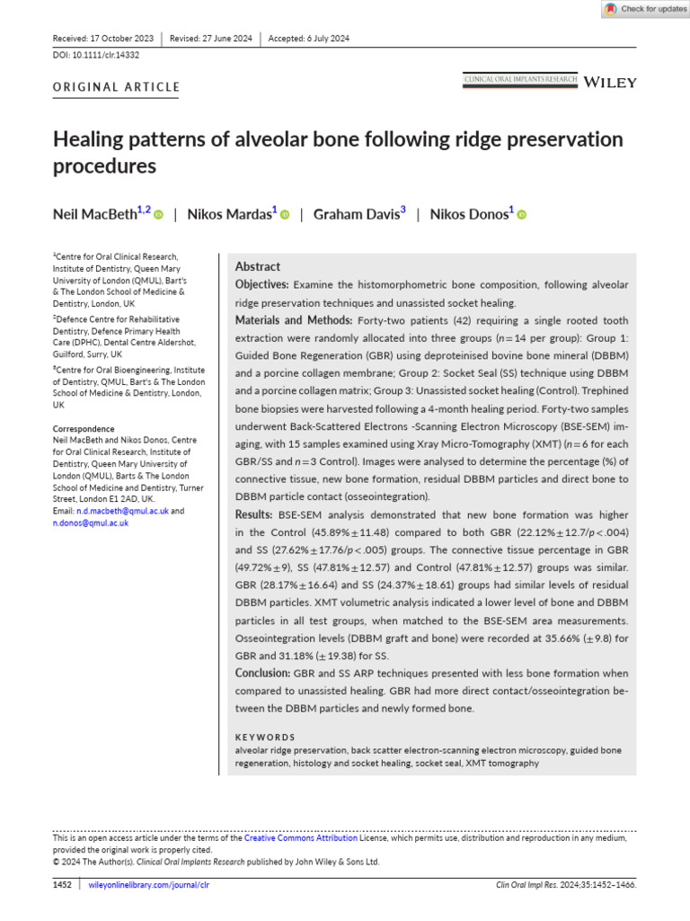 Clinical Oral Implants Res - 2024 - MacBeth - Healing Patterns of Alveolar Bone Following Ridge ...