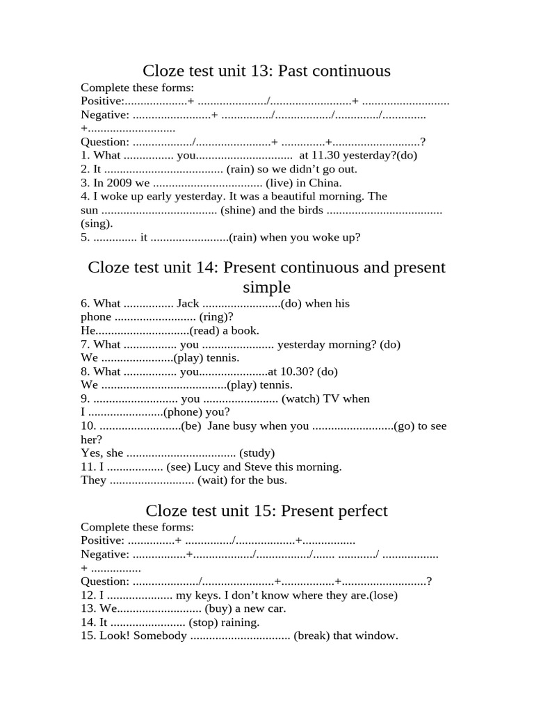 Cloze Exercises: Tenses Practice | PDF | Linguistic Morphology ...
