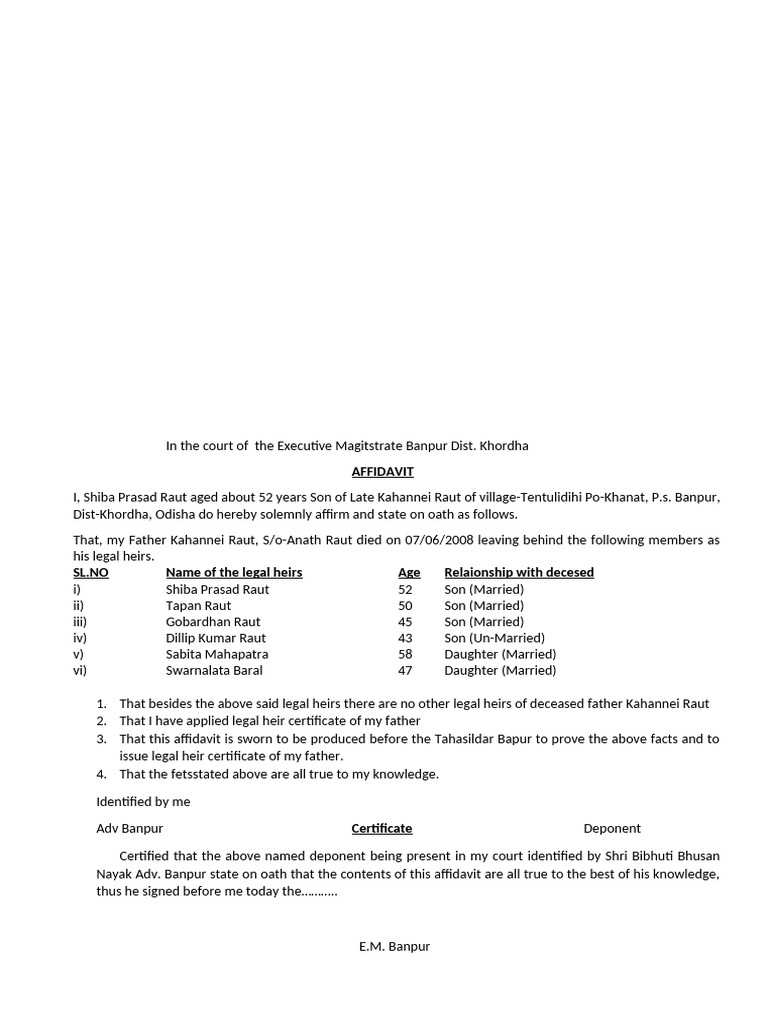 Afidavit Format For Legal Heir | PDF