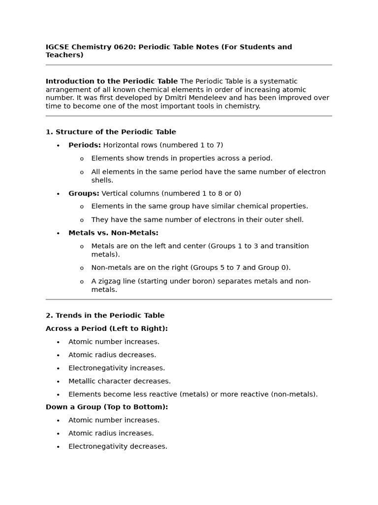 Preodic Table IGCSE Chemistry | PDF | Periodic Table | Chlorine