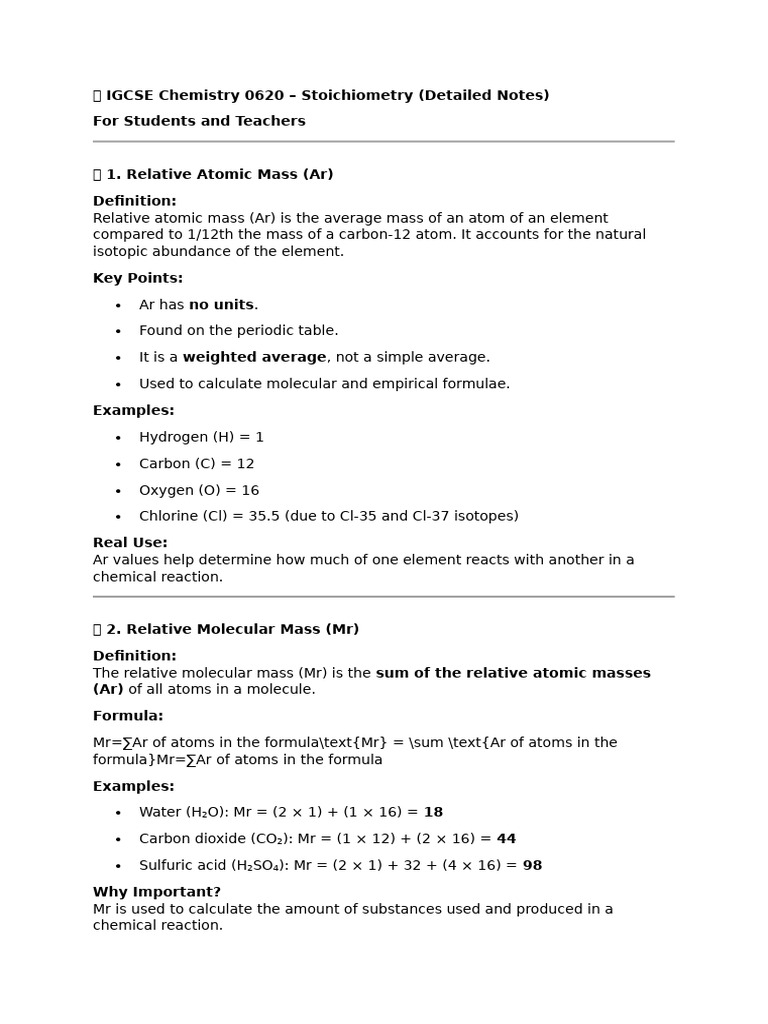IGCSE Stoichiometry Study Guide | PDF | Molecules | Stoichiometry