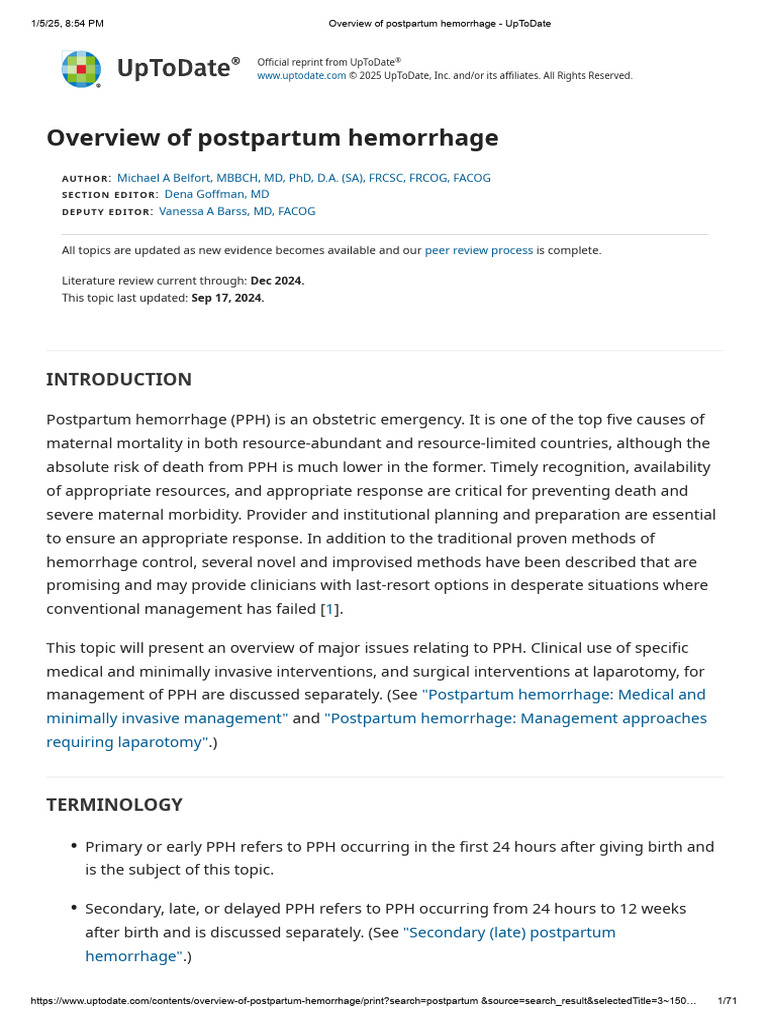 Overview of postpartum hemorrhage - UpToDate | PDF | Blood Pressure | Childbirth