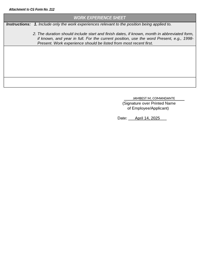 CS Form No. 212 Attachment - Work Experience Sheet | PDF