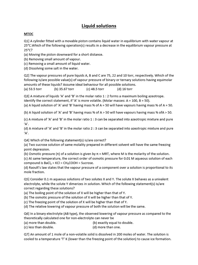 Lecture 07 Liquid Solutions Advanced Problems | PDF | Distillation | Transparent Materials