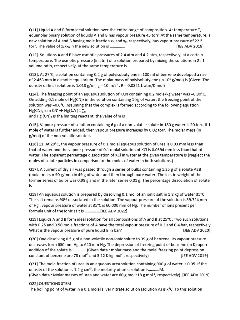 Lecture 08 Liquid Solution Advanced Integer PDF | PDF | Mole (Unit) | Water