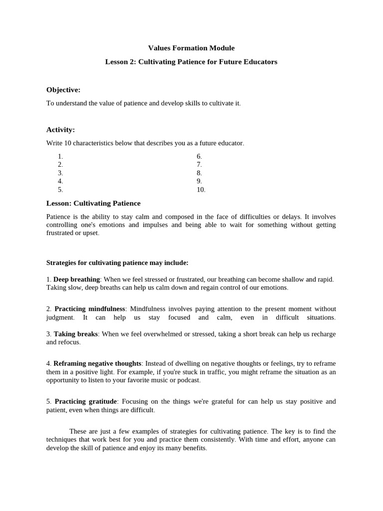 Values Formation Module (Lesson 2) - OJT | PDF | Patience | Mindfulness
