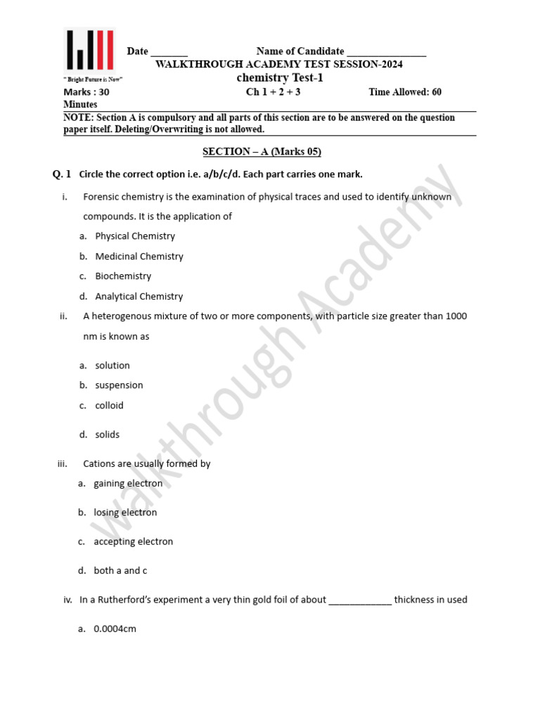 Chemistry Test-1 for 3rd Secondary | PDF | Chemistry | Atoms
