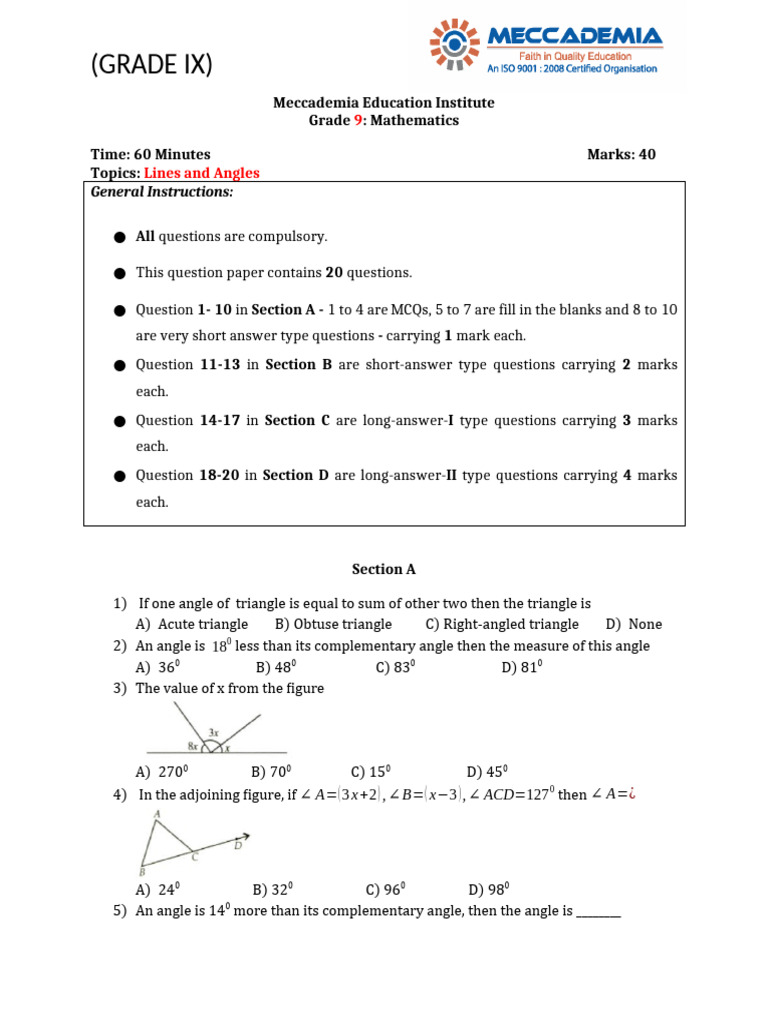 Cbse Graade 9 Mathematics Chapter 6 Paper-2 | PDF | Angle | Triangle