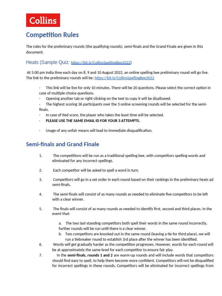 Collins Spelling Bee 2022 Rules | PDF | Adjective | English Language