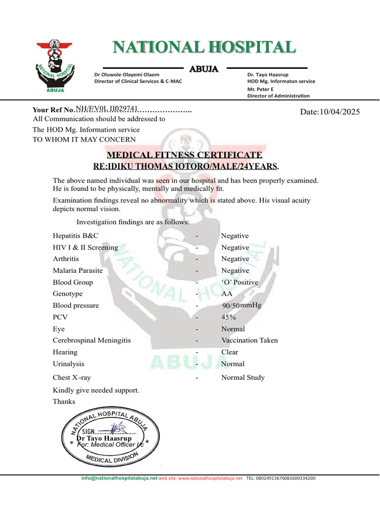 Medical Fitness Certificate for NYSC | PDF