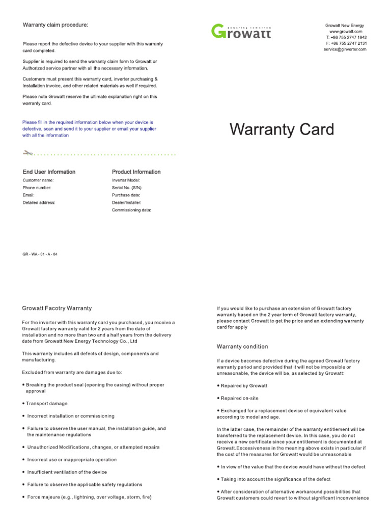 2 Years Warranty Card For Growatt Off Grid Inverters | PDF