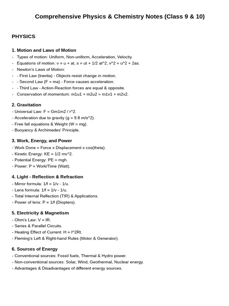 Class9 10 Full Physics Chemistry Notes | PDF | Force | Chemistry