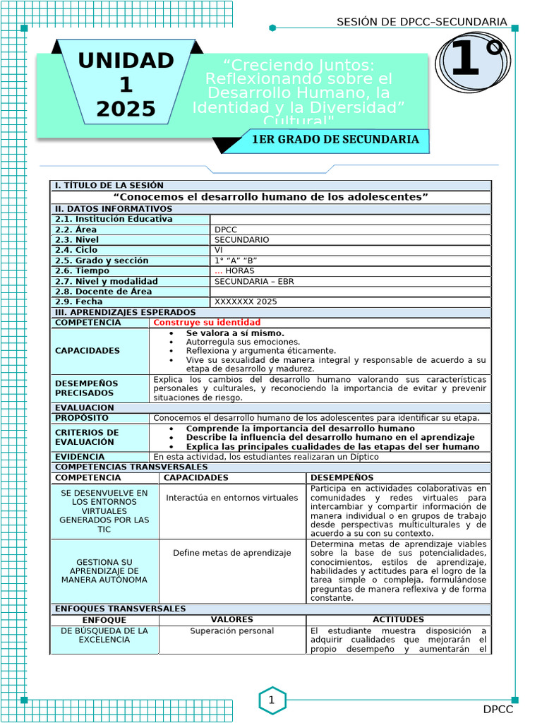 1 Sesion Sem 1 Uni 1 - DPCC 2025 - 1ºgrado | PDF | Aprendizaje | Evaluación