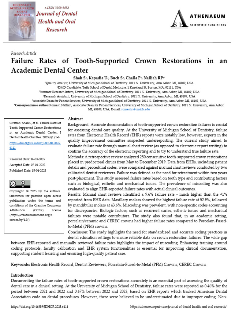 Failure Rates of Tooth Supported Crown Restorations in An Academic ...