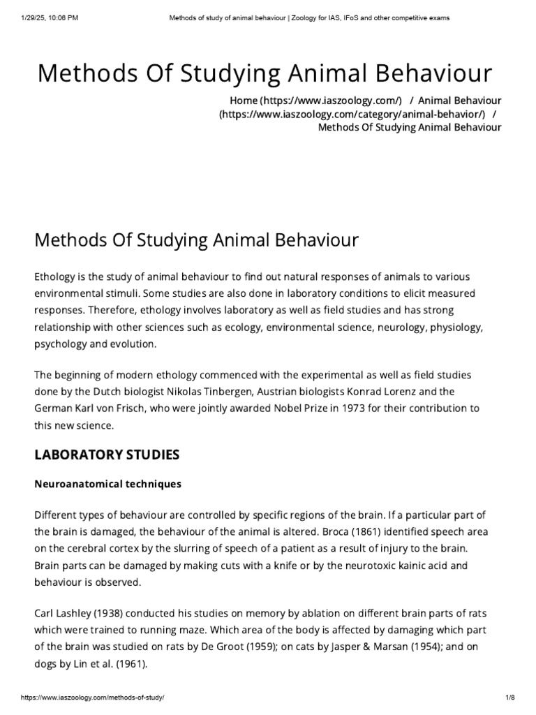Methods of Study of Animal Behaviour - Zoology For IAS, IfoS and Other ...