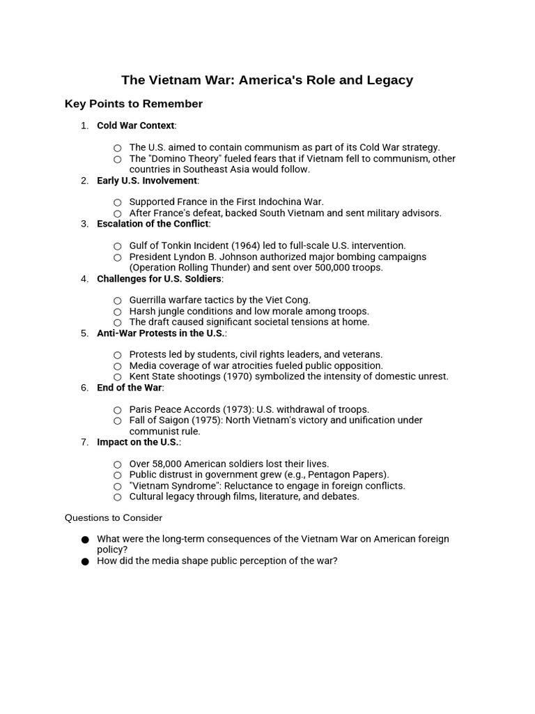 The Vietnam War - America's Role and Legacy | PDF