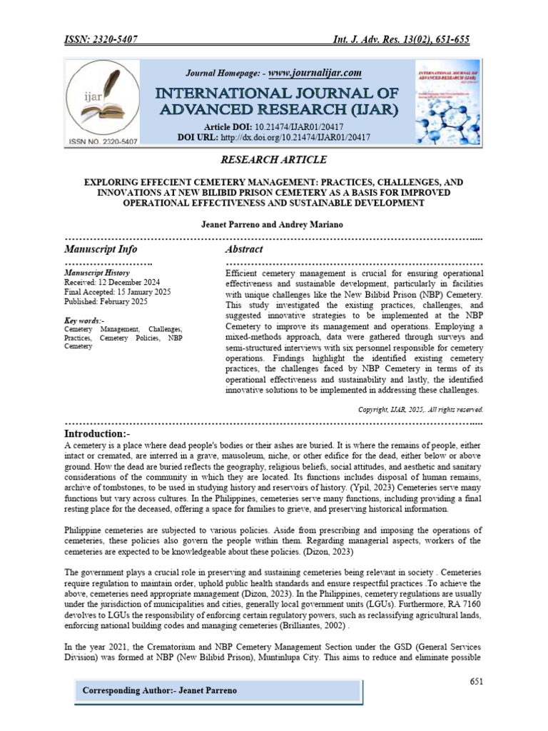 EXPLORING EFFECIENT CEMETERY MANAGEMENT: PRACTICES, CHALLENGES, AND ...