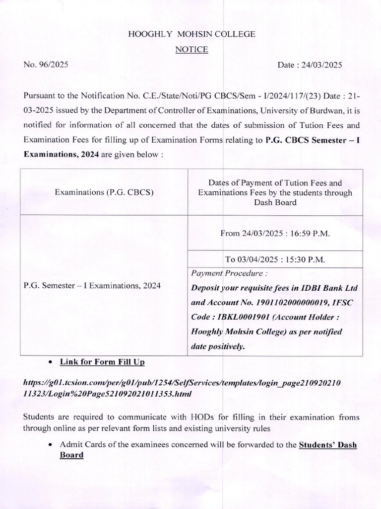 PG Sem 1 Exam 2024 Form Fillup Notice | PDF
