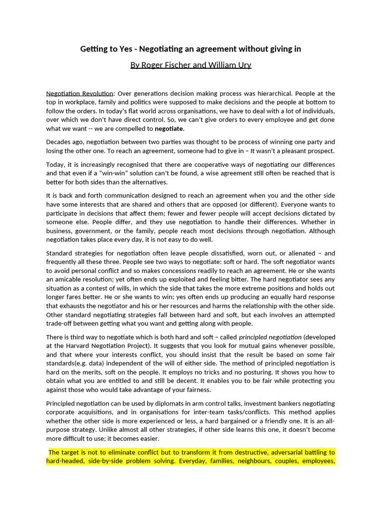 Getting To Yes - Negotiating An Agreement Without Giving in - Roger Fischer and William Ury ...