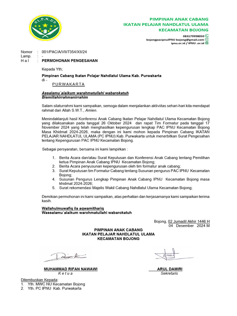 Surat Permohonan Pengesahan Ipnu | PDF