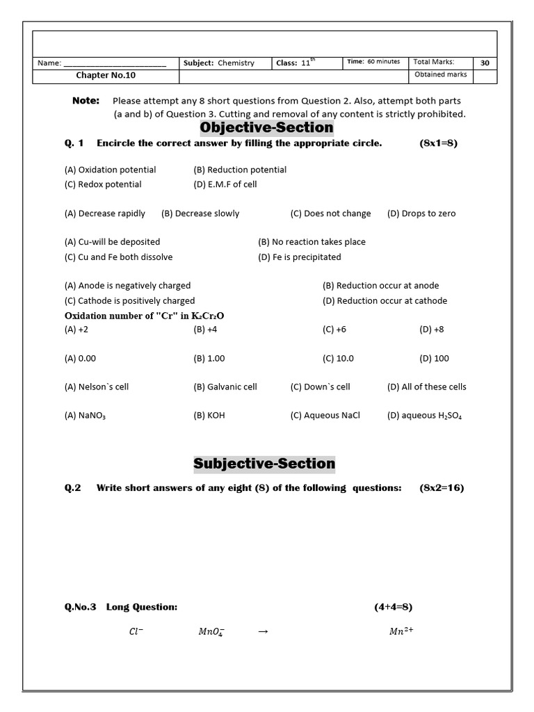 Ch10-11th-class-chemistry-30-marks | PDF | Redox | Anode