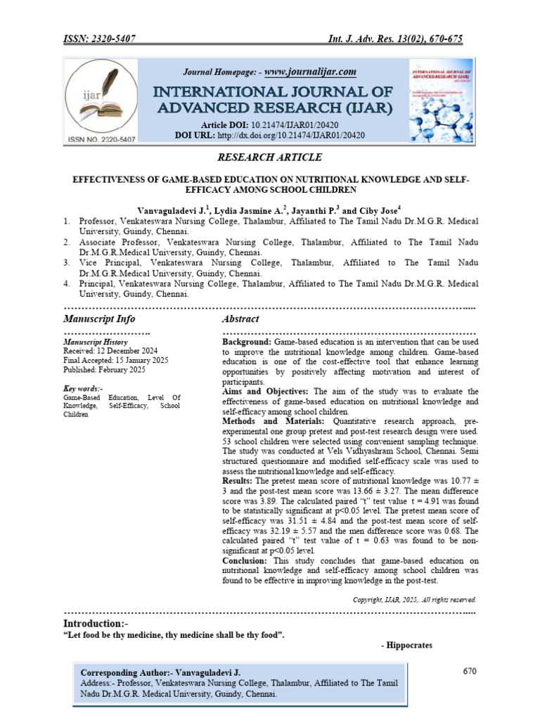 EFFECTIVENESS OF GAME-BASED EDUCATION ON NUTRITIONAL KNOWLEDGE AND SELF ...