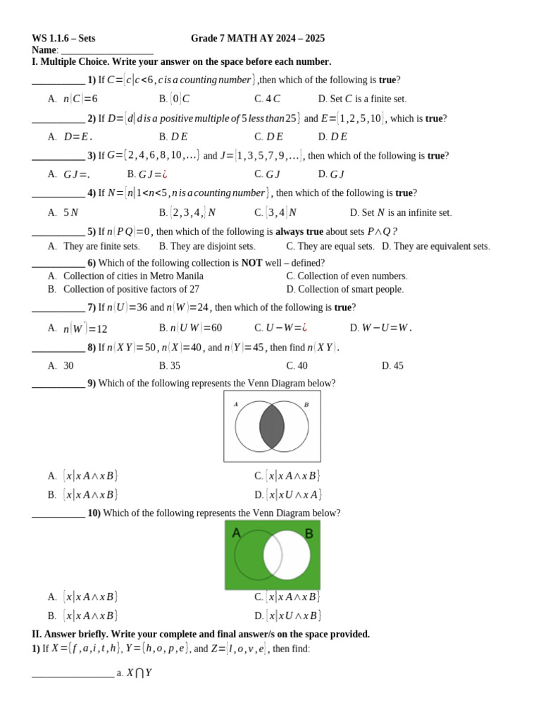 Grade 7 Math: Set Theory Worksheet | PDF