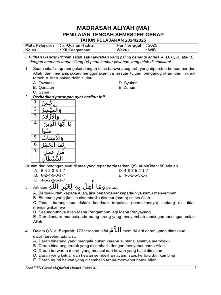 PTS GENAP QURDIS KELAS XII KEAGAMAAN | PDF
