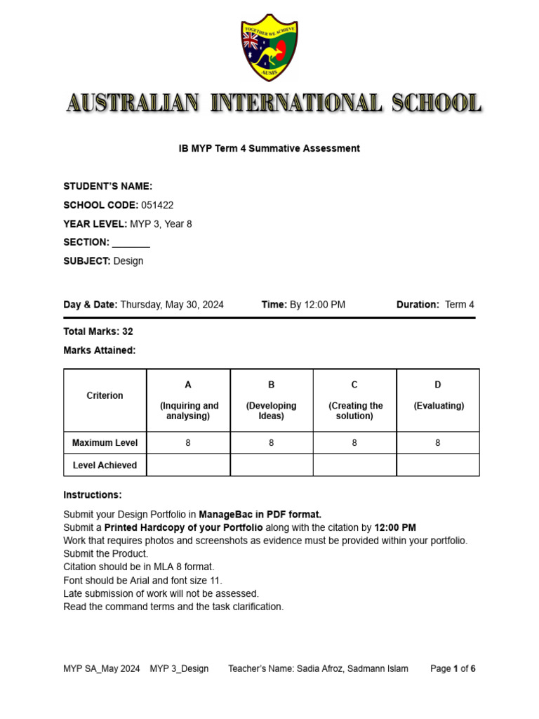 Design MYP 3 Term 4 Summative Assessment | PDF | Cognition