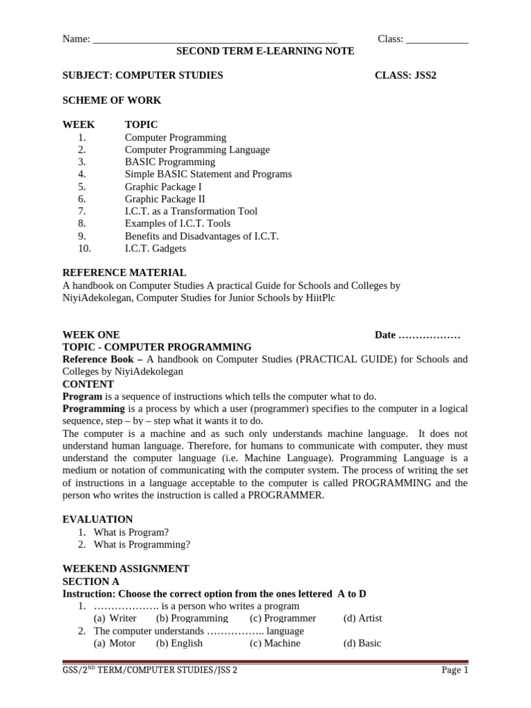 2ND Term J2 Computer Studies | PDF | Programming | Computer Program