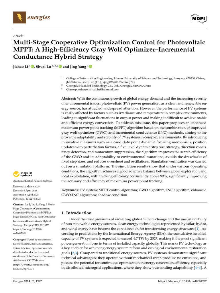 Multi-Stage Cooperative Optimization Control For Photovoltaic MPPT: A High-Efficiency Gray Wolf ...