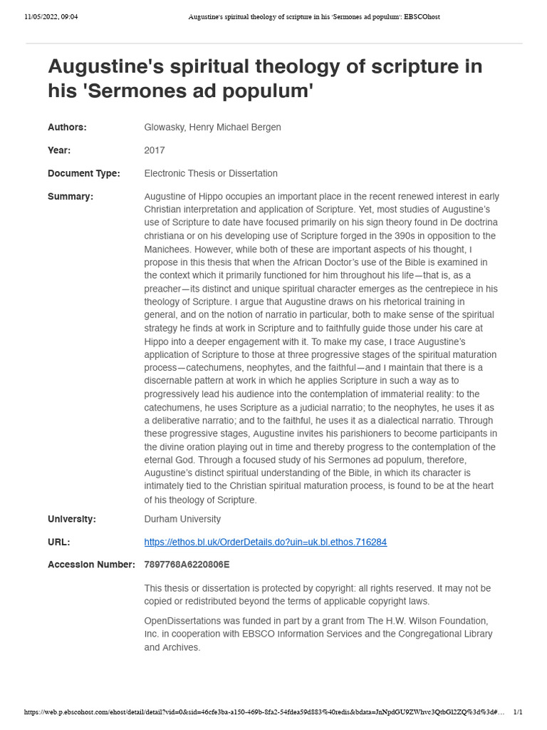 Augustine's Spiritual Theology of Scripture in His 'Sermones Ad Populum' - EBSCOhost | PDF ...