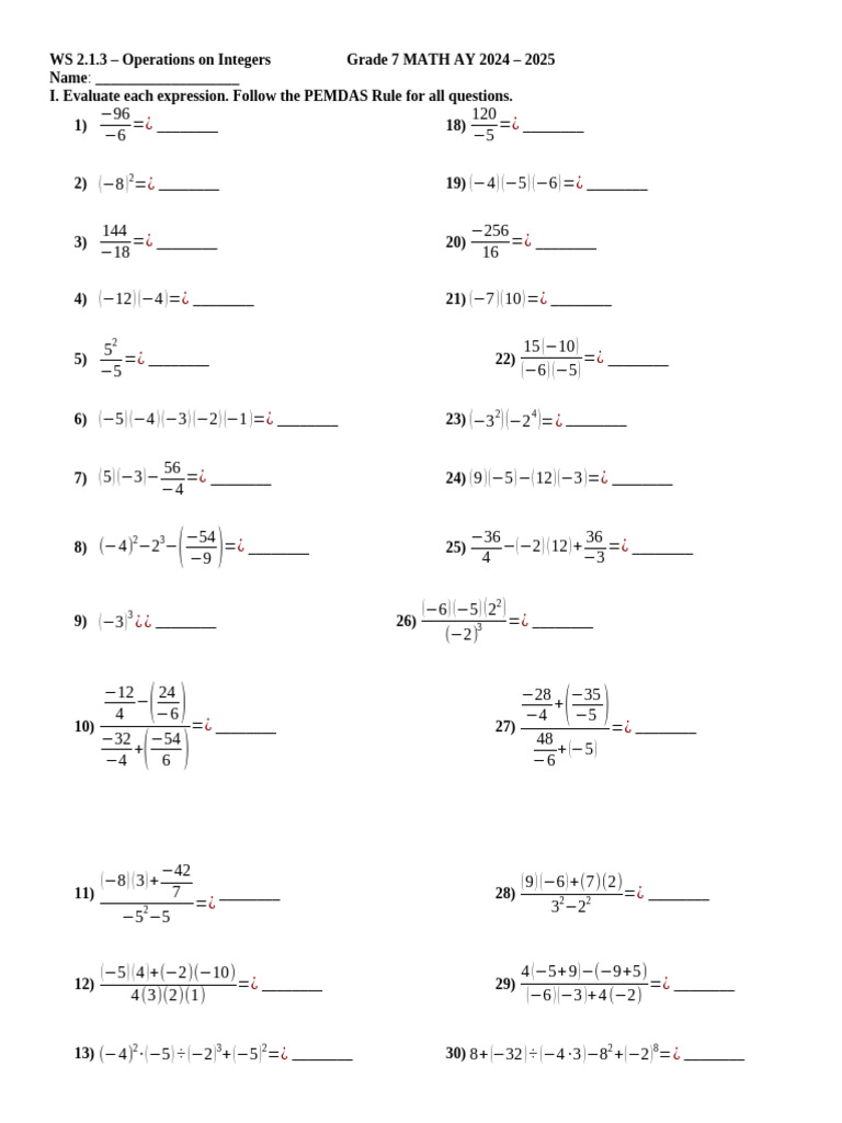 WS 2.1.3 - PEMDAS Integers | PDF | Mathematics | Computer Programming